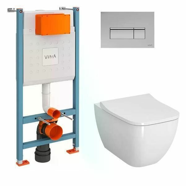 Инсталляция с унитазом VitrA Quatro 9855B003-7203 комплект 4 в 1 безободковый Rim-ex с антибактериальным покрытием Hygiene цвет клавиши хром