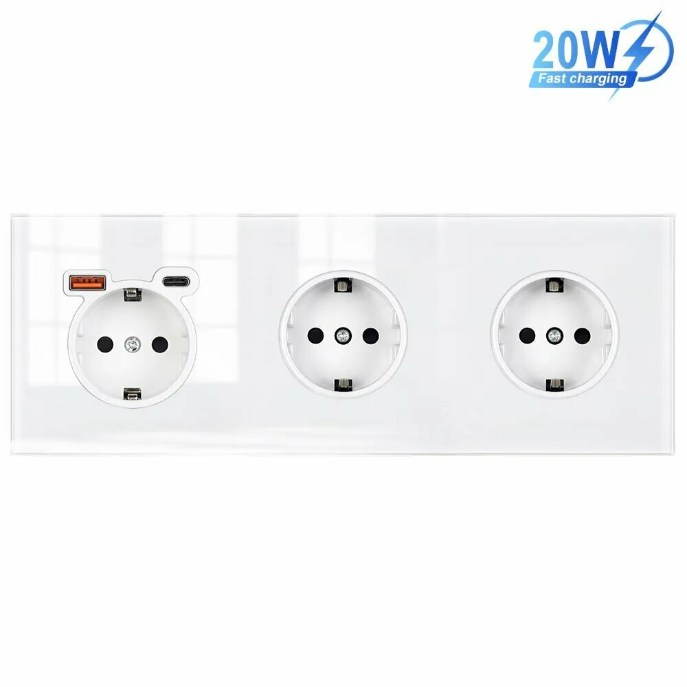 Розетка электрическая 3 поста с Usb и type-c, type-c 20 Вт быстрой зарядки, закаленное стекло, белый