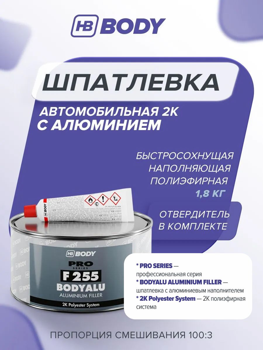 Шпатлевка автомобильная с алюминием 1,8 кг 2К серая с отвердителем в комплекте / HB BODY F255 / шпаклевка полиэфирная для ремонта кузова автомобиля