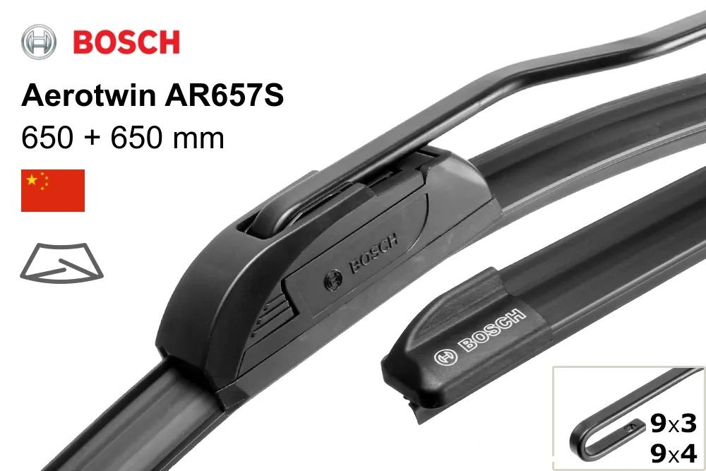 Щетки стеклоочистителя Bosch Aerotwin AR657S (3397009777), бескаркасные, 650мм + 650мм, 2 шт, с форсунками, Крючок 9x3/9x4, для Citroen C8, Peugeot 807, Fiat Ulysse, Lancia Phedra