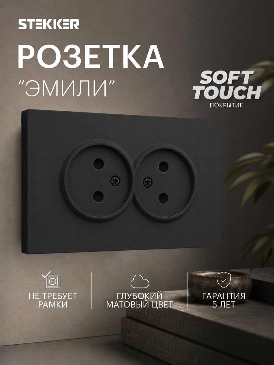 Розетка встраиваемая двойная без заземления, черный уголь, 16А 250В, RST16-5116-05 Эмили 49851