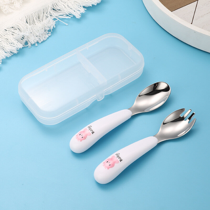 Набор из ножниц и вилки из нержавеющей стали 304 для обучения малышей с кейсом, белый с рисунком розовой оленицы