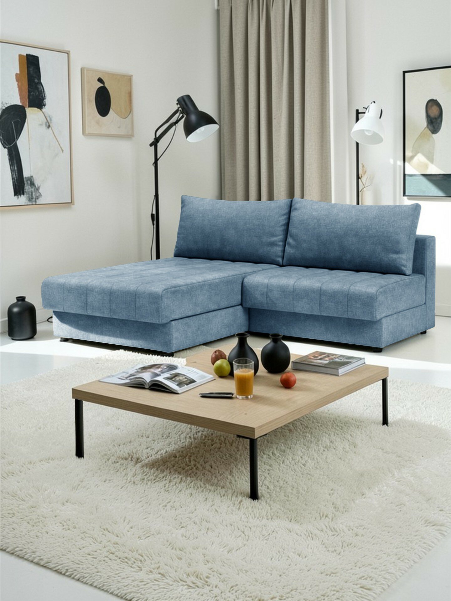 Диван с оттоманкой Бомонд Strong Plus 09 NEW 197x150x80 см, синий Рогожка, еврокнижка GOODFORM