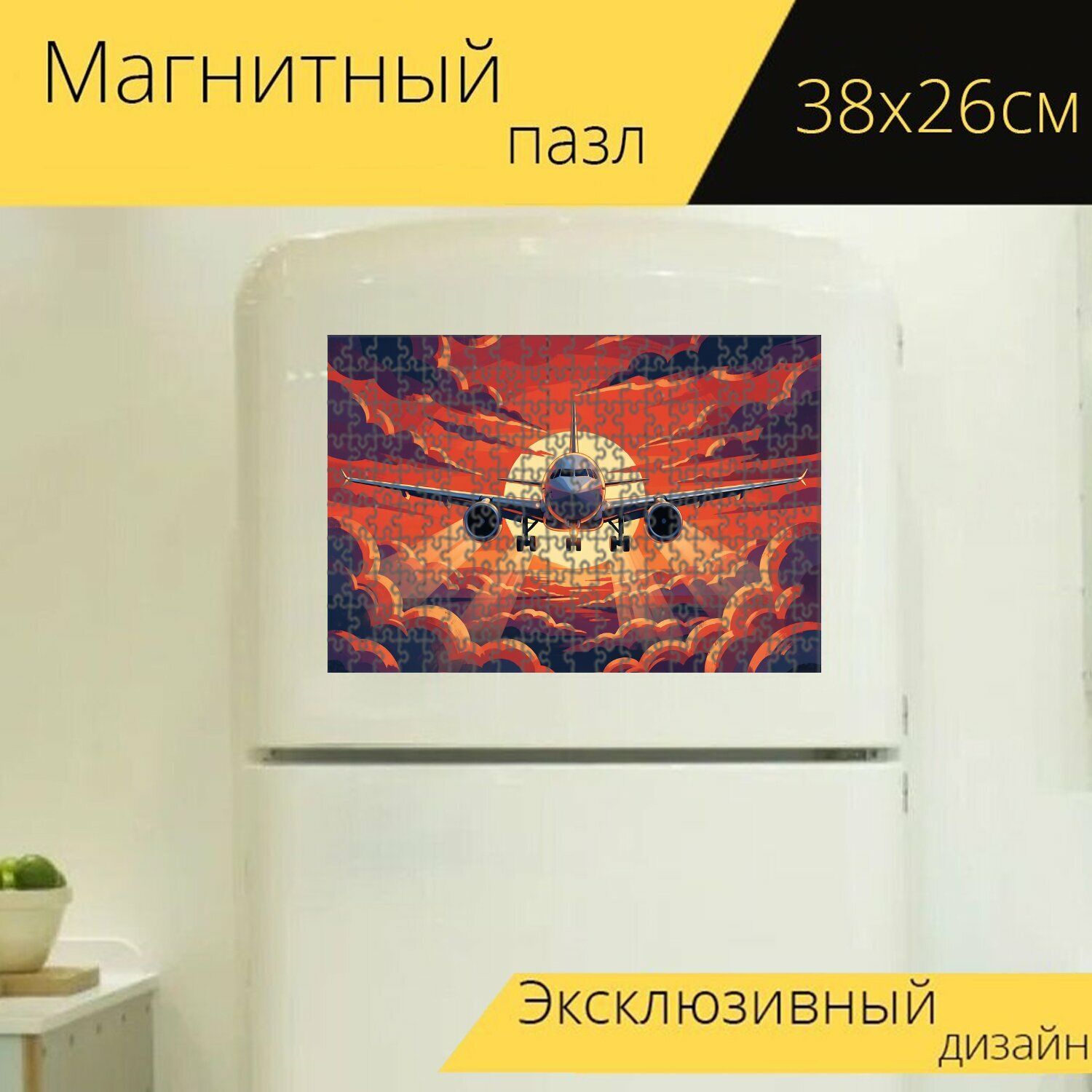 Магнитный пазл "Самолёт на фоне заката. Стильная иллюстрация с пассажирским лайнером, летящим сквозь облака к яркому солнцу. Огненно-красные и фиолетовые." для интерьера, 38х26 см.