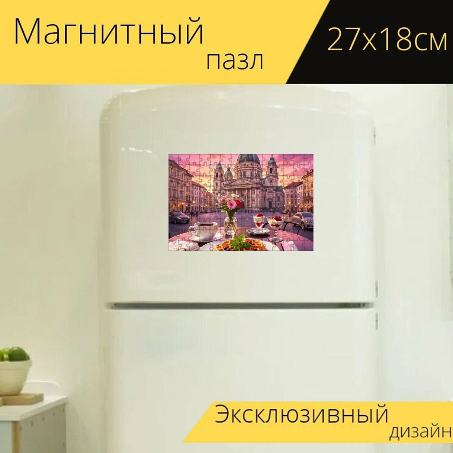 Магнитный пазл "Романтический завтрак в старом городе. Уютная европейская площадь с величественным собором на фоне розово-золотого заката, столик на." на холодильник 27 x 18 см.