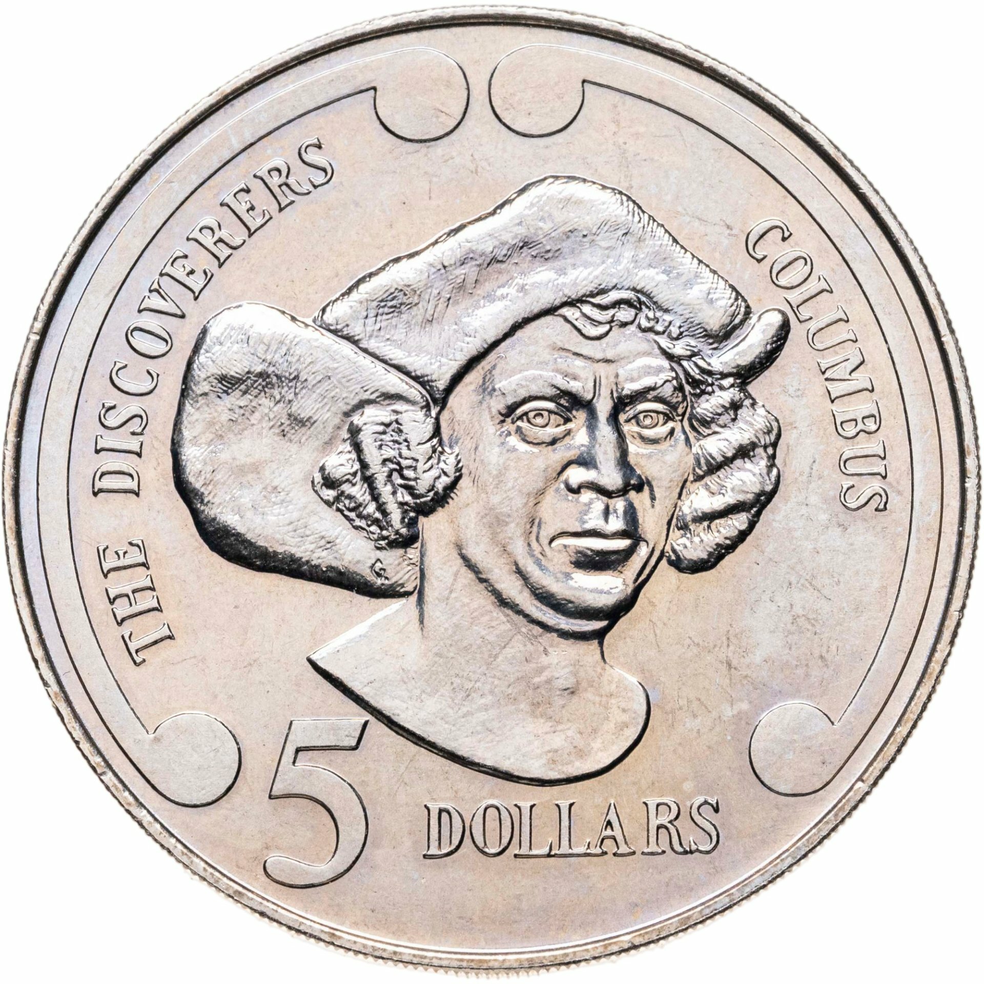 Новая Зеландия 5 долларов dollars 1992 "Первооткрыватели - Христофор Колумб", Мельхиор медь-никель, в сохранности BUNC