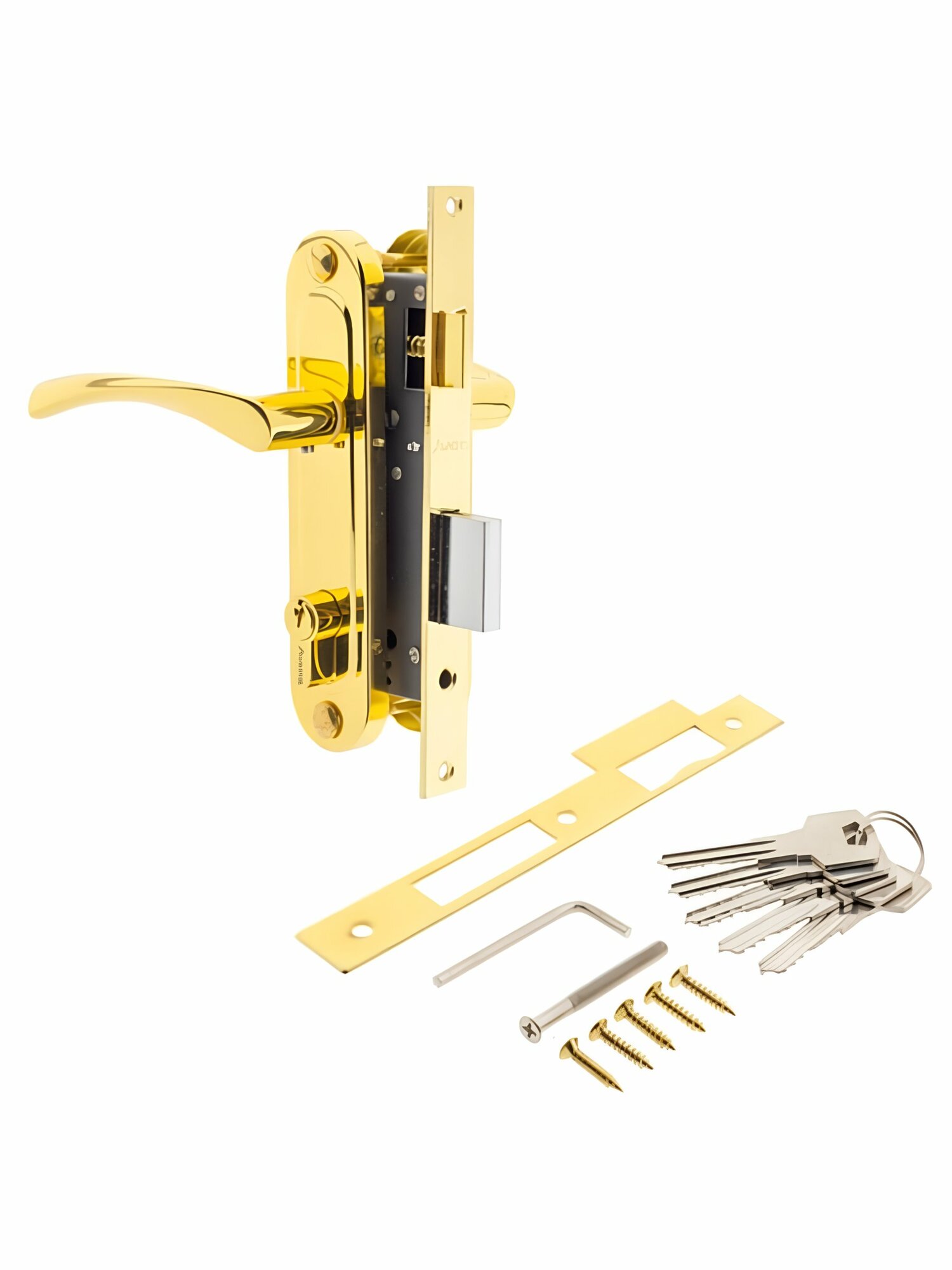 Замок врезной Avers 1223/60-G, 28075, цилиндровый с ручкой в комплекте, универсальный, цвет золото, 70 мм