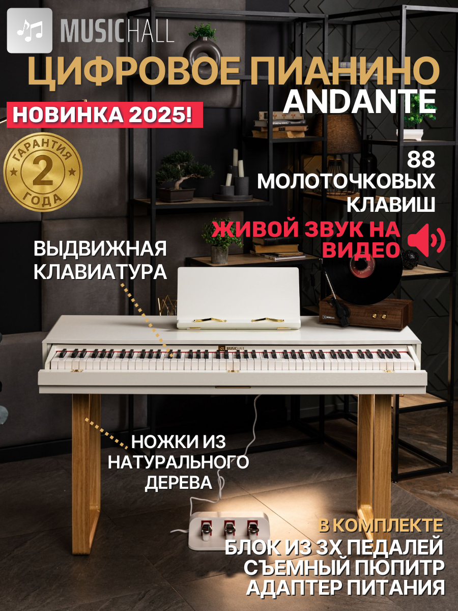 Цифровое пианино в корпусе MusicHall Andante, с молоточковой взвешенной клавиатурой, белый