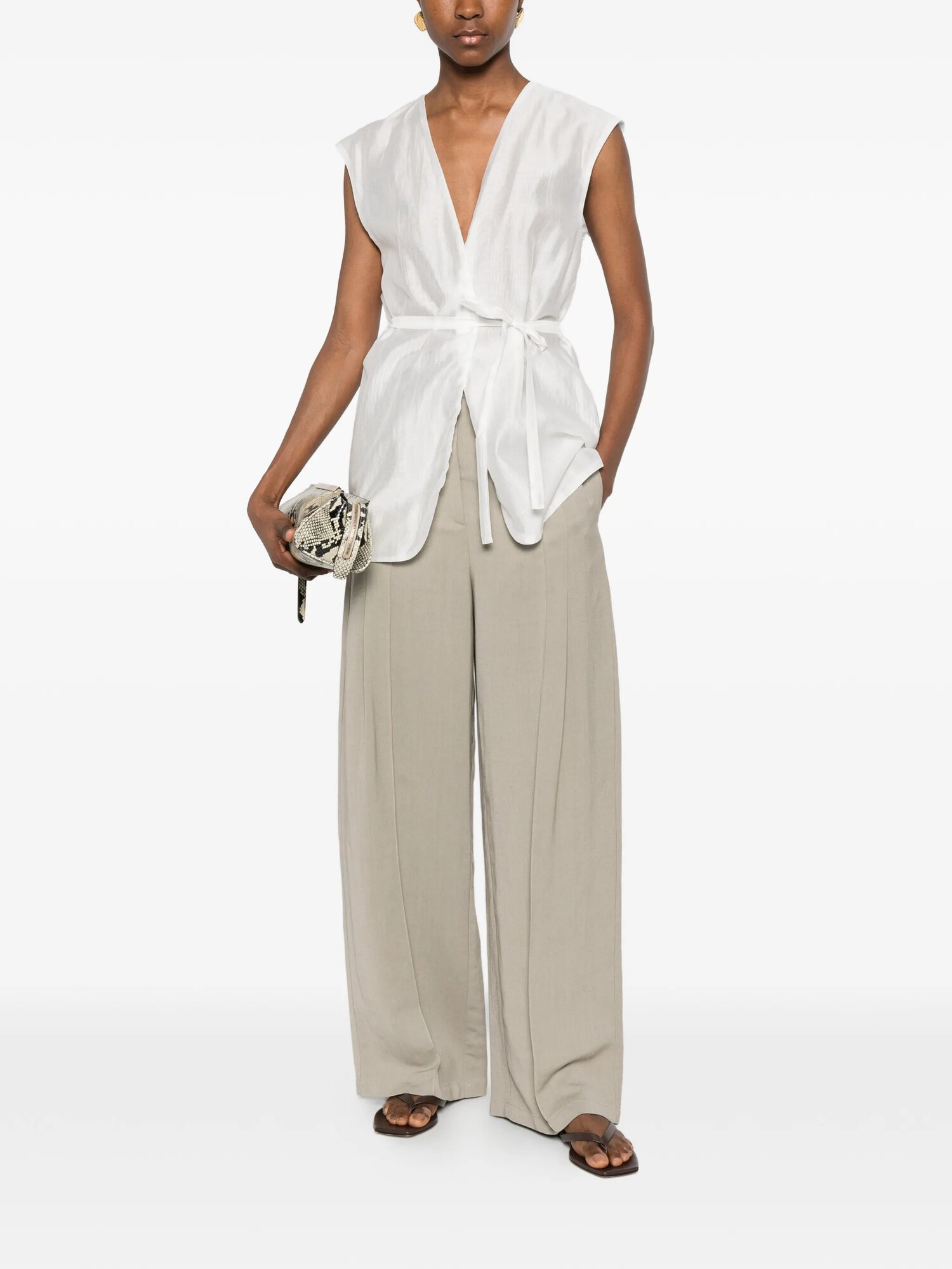 Блуза SU Tie-waist blouse, размер 42, бежевый/белый — фото 1