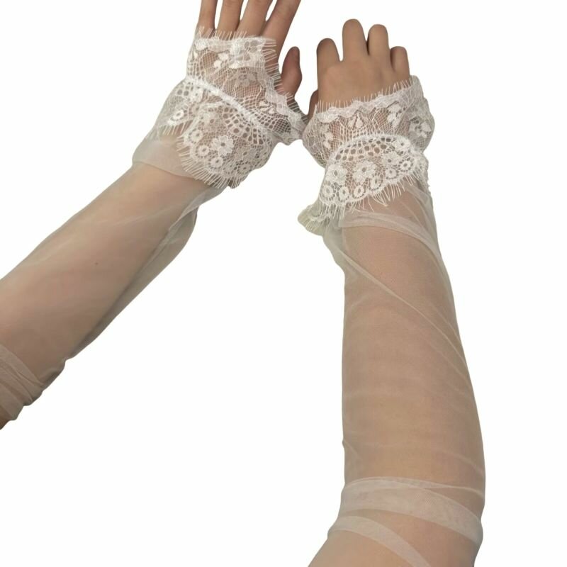 (1 пара) Длинные ажурные сетчатые перчатки - белый