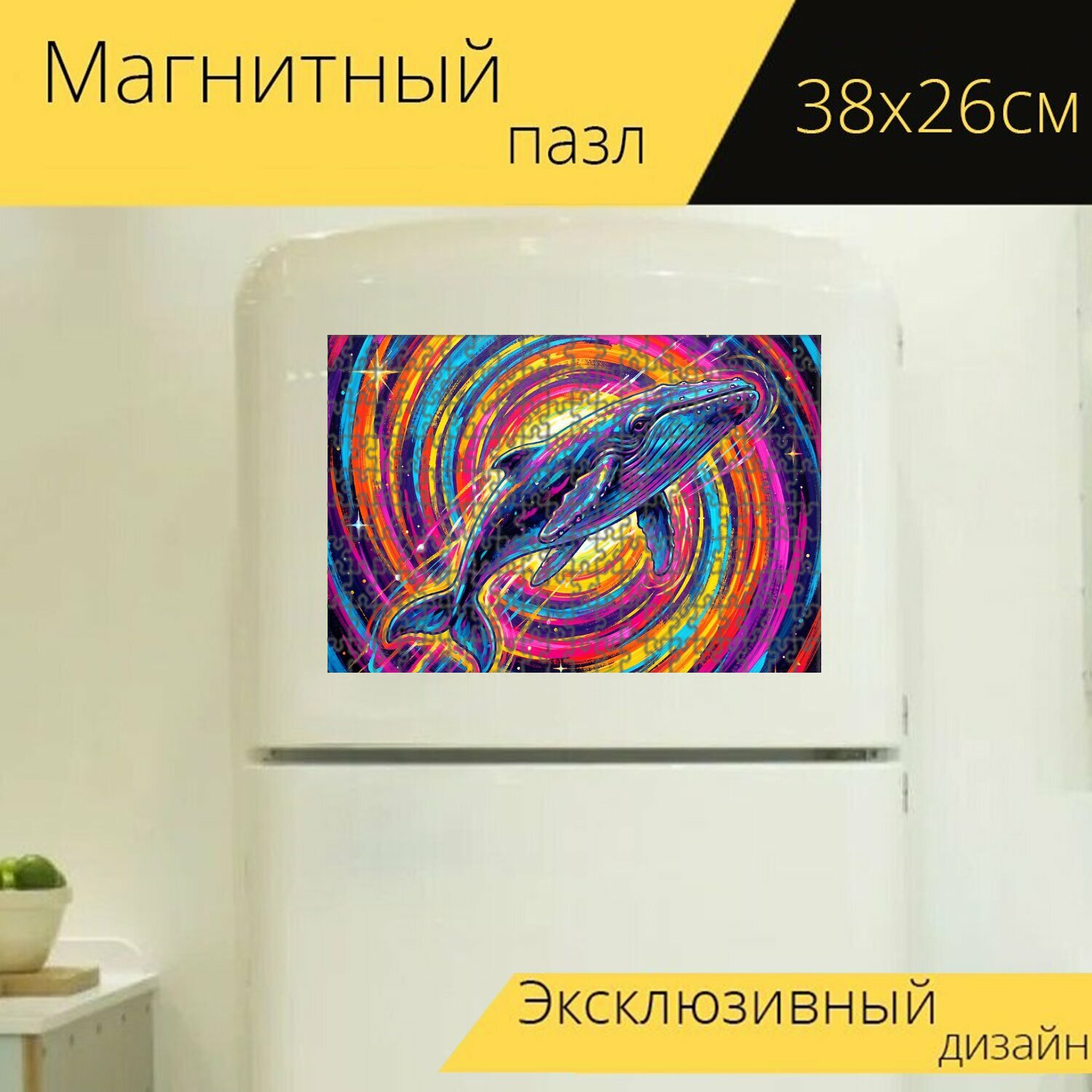 Магнитный пазл "Кит в космическом вихре. Яркая неоновая композиция с гигантским морским исполином среди спиралей космоса, звезд и световых вспышек." для интерьера, 38х26 см.