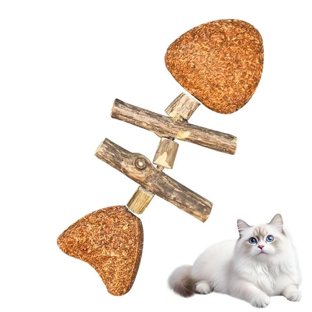 Набор игрушек для кошки с кошачьей мятой и актинидией: жевательная палочка, чистящая зубы рыба, мячик и удочка для игр.