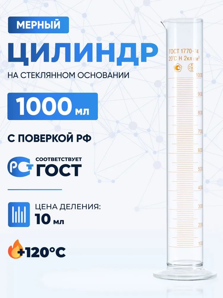 Цилиндр лабораторный 1000 мл (мерный: исполнение 1 - на стеклянном основании) 1-1000-2