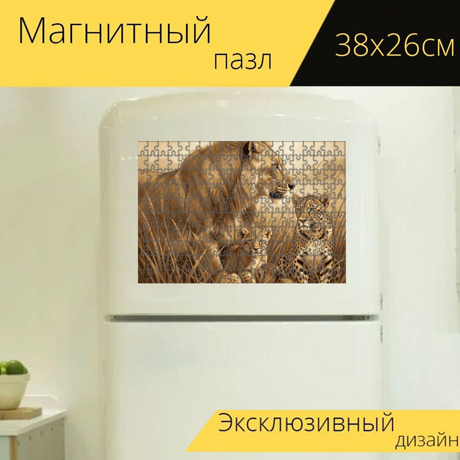 Магнитный пазл "Львиная семья в саванне. Сафари-сцена в теплых бежево-золотых тонах: крупный лев, леопард и детеныши среди высокой травы. Реалистичная дикая." для интерьера, 38х26 см.
