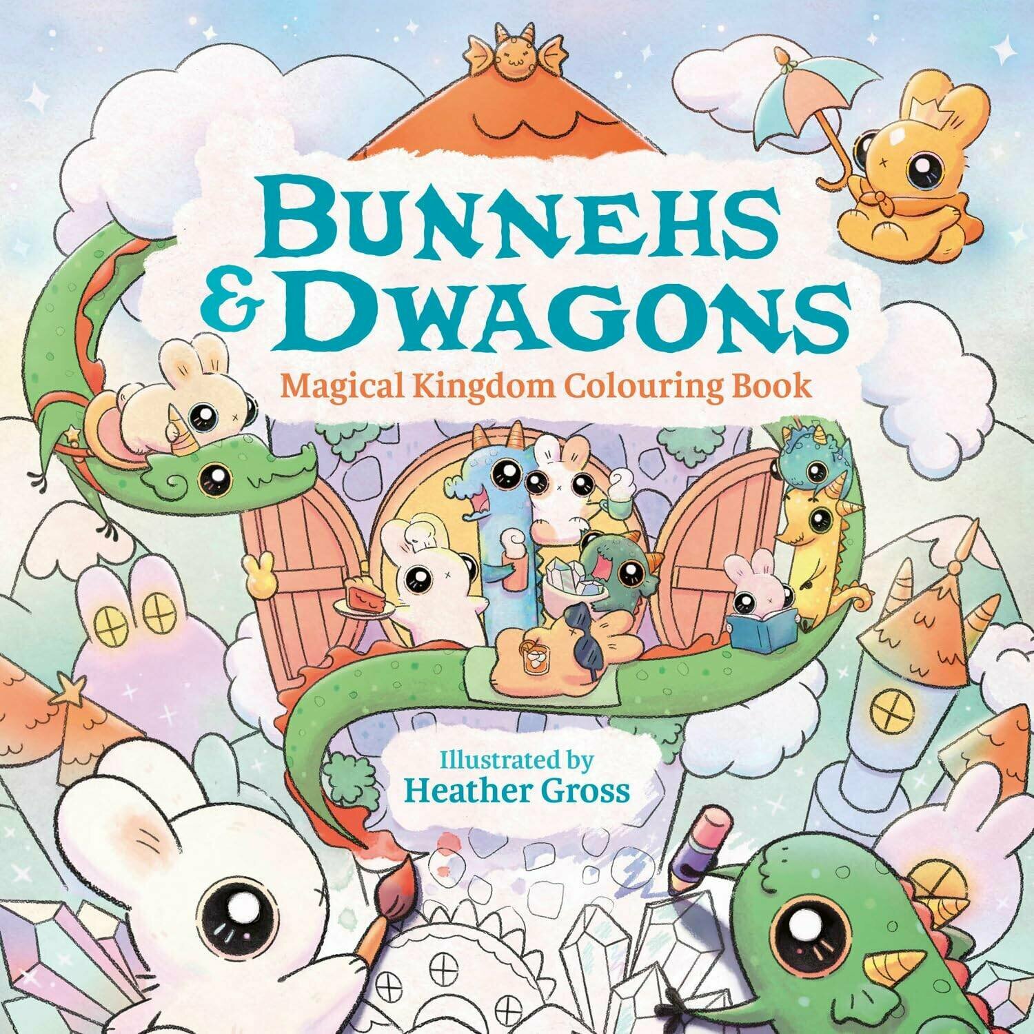 Heather Gross. Bunnehs and dwagons Magical Kingdoms Cosy Colouring book Кролики и драконы Магические королевства уютная раскраска /Книги на