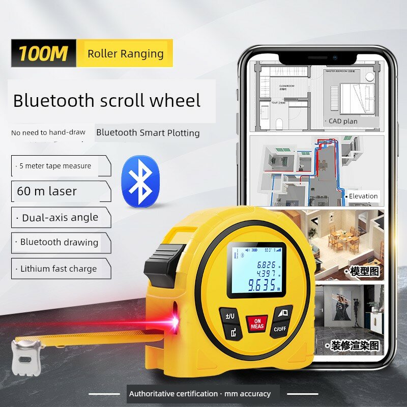 Лазерный дальномер 60 м с Bluetooth-чертежами, рулонной лентой 100 м, рулеткой 5 м и цифровым угломером