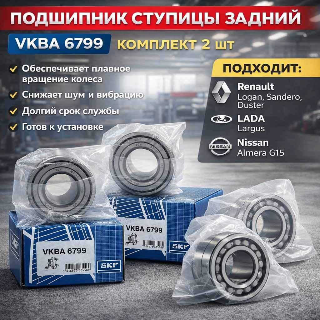 Подшипник ступицы задний SKF VKBA6799 Renault Logan Sandero Duster Lada Largus Nissan Almera G15 комплект 2 шт