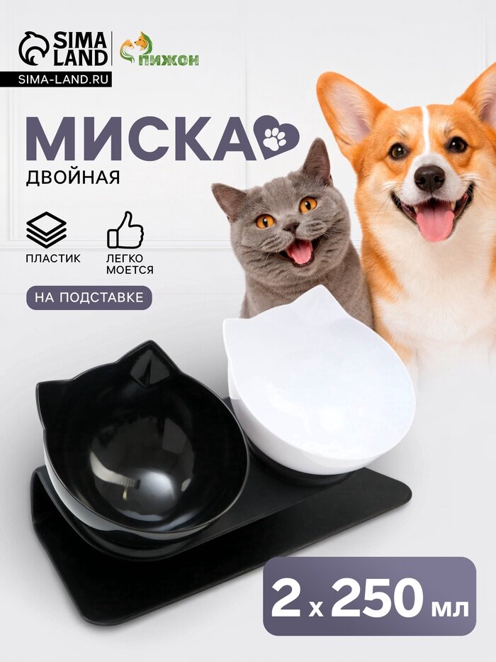 Миски, 27.5×14×15 см, 2 шт, на чёрной подставке, пластик, чёрная, белая