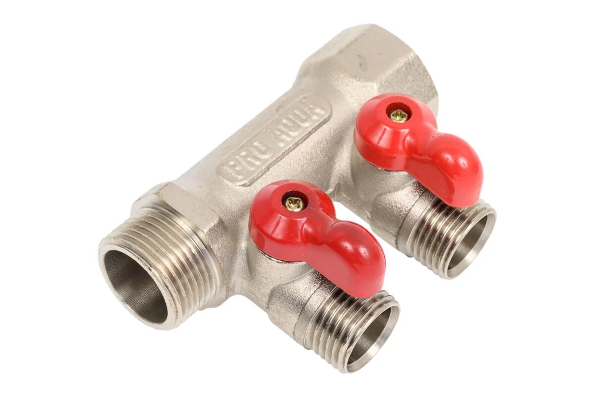 Коллектор с отсекающими кранами (плоскость) PRO AQUA V100.02-m20-f20 из латуни, 3/4 дюйма входа, 2 х 1/2M отводы, рабочее давление до 10 бар, температура до 110 °C