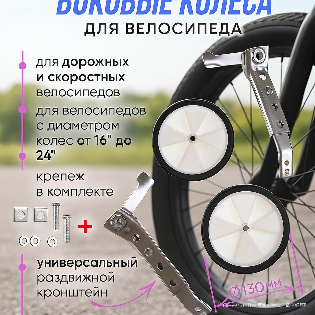 Усиленные дополнительные боковые колеса для детского велосипеда от 16" до 24", 130 мм