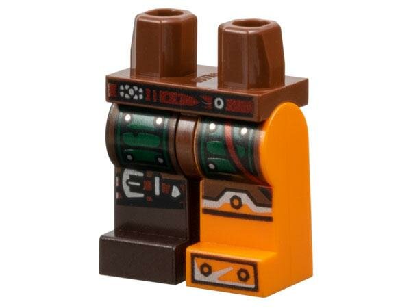 Деталь Lego 970d32pb01 Hips and 1 Orange Left Leg with Armor and Black and Silver Bolted Boots, 1 Dark Brown Right Leg with Green Armor and Knee Belt Pattern