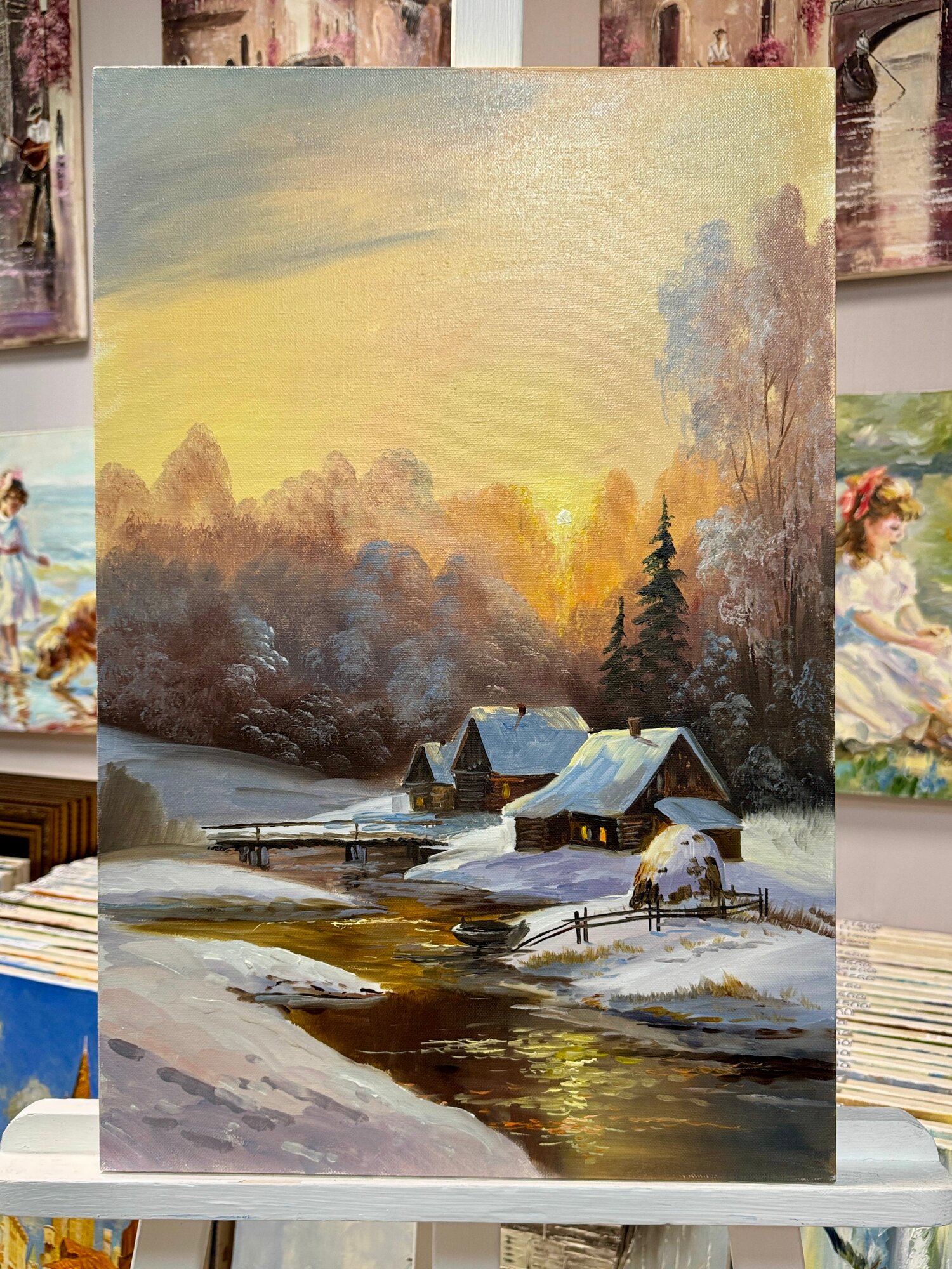 Картина маслом Зимний пейзаж с домиками и рекой, восход солнца. 60х40 см. Художественная мастерская Грёзы