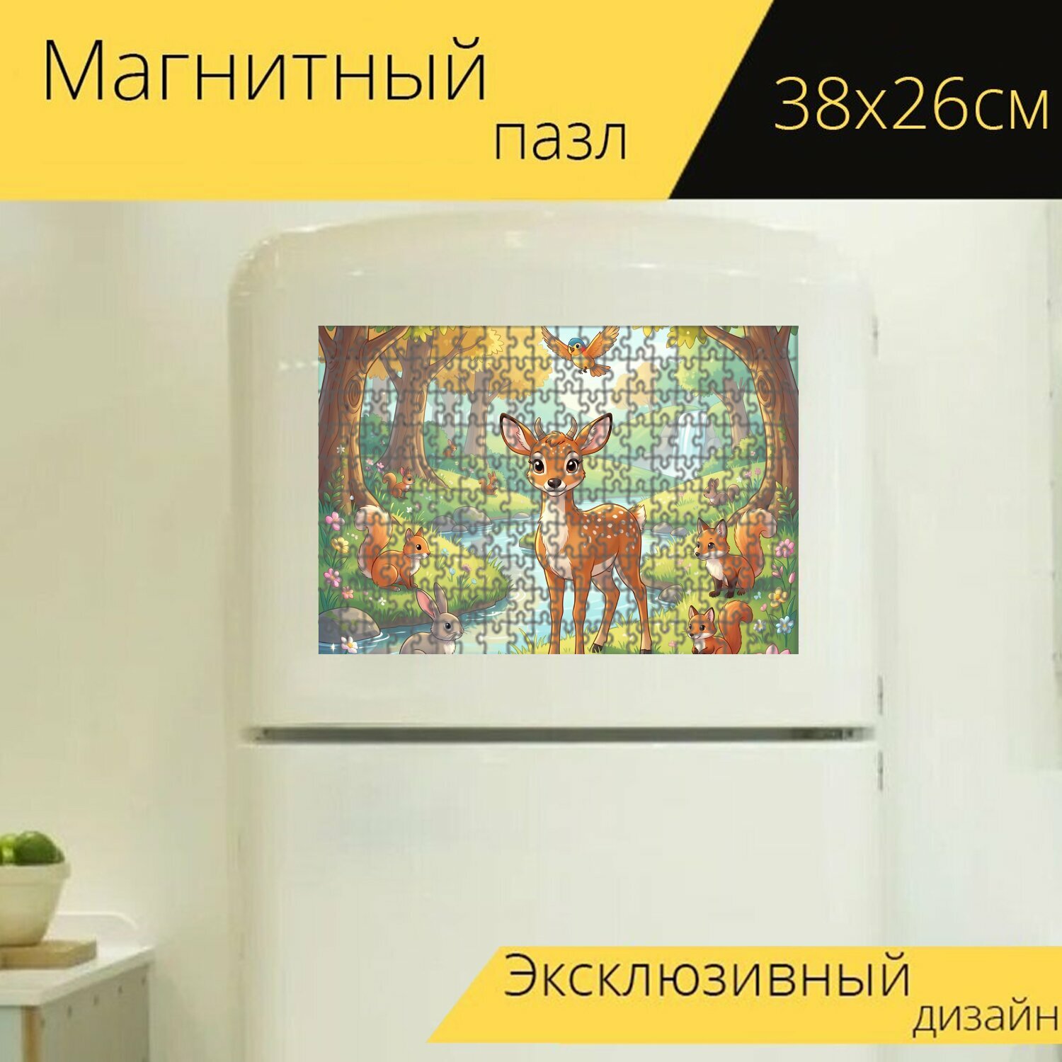 Магнитный пазл "Лесные зверята у ручья. Милый сказочный лес с оленёнком, кроликом, лисами, белками и птицей у прозрачной воды; зелёные холмы, цветы." для интерьера, 38х26 см.