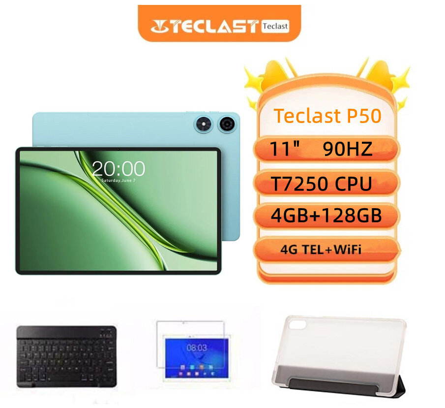 Teclast Планшет P50 Premium Set 2025, HD 90Гц, 4G(LTE), Клавиатура + Чехол, 11" 4 ГБ/128 ГБ, лазурный