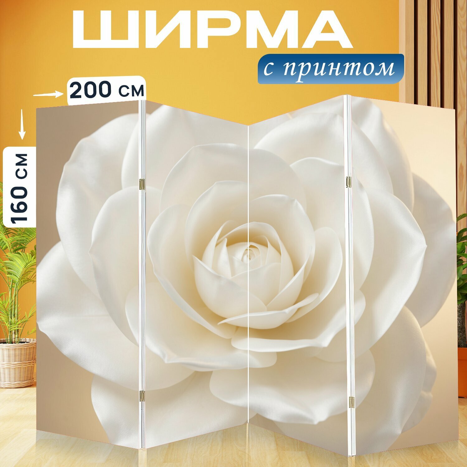 Ширма "Белая роза крупным планом. Нежный кремово-молочный бутон с бархатистыми лепестками в макро, минимализм." перегородка для зонирования комнаты с принтом 200x160 см. на холсте
