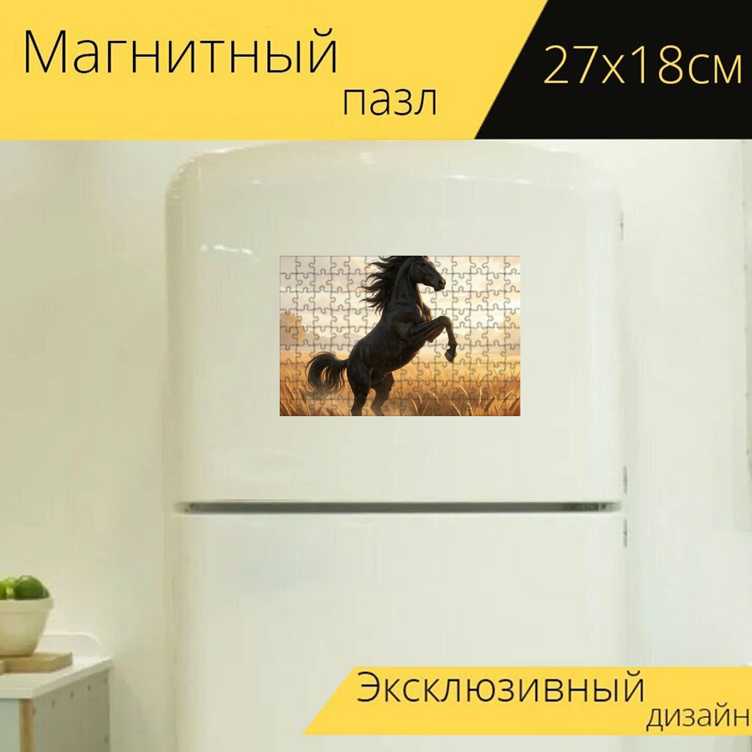 Магнитный пазл "Черный конь в пшеничном поле. Грациозный жеребец на дыбах среди золотых колосьев на рассвете, живописная цифровая иллюстрация в теплых." на холодильник 27 x 18 см.