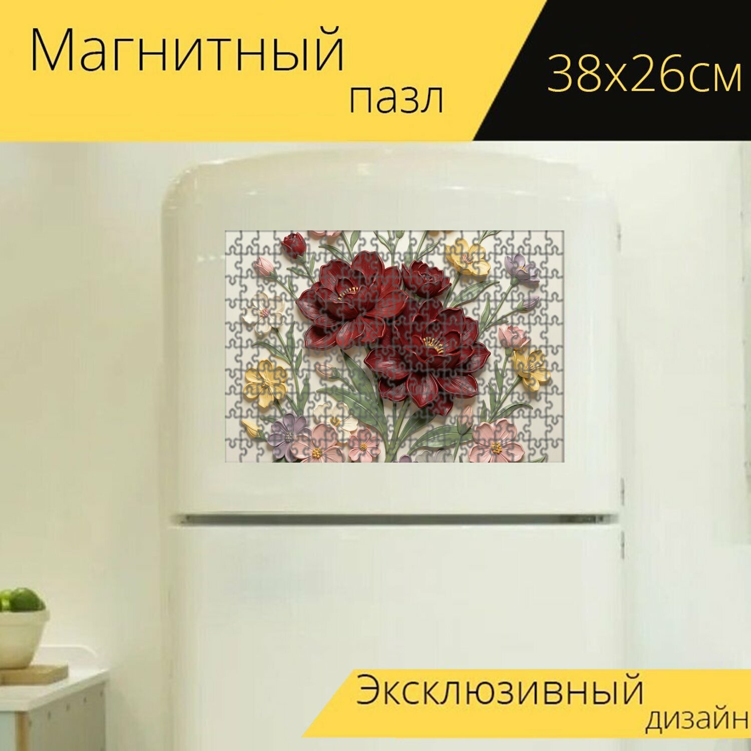 Магнитный пазл "Бордовые цветы и пастельный букет. Объемная флористическая композиция с крупными винными бутонами, нежными розовыми, кремовыми, сиреневыми и." для интерьера, 38х26 см.