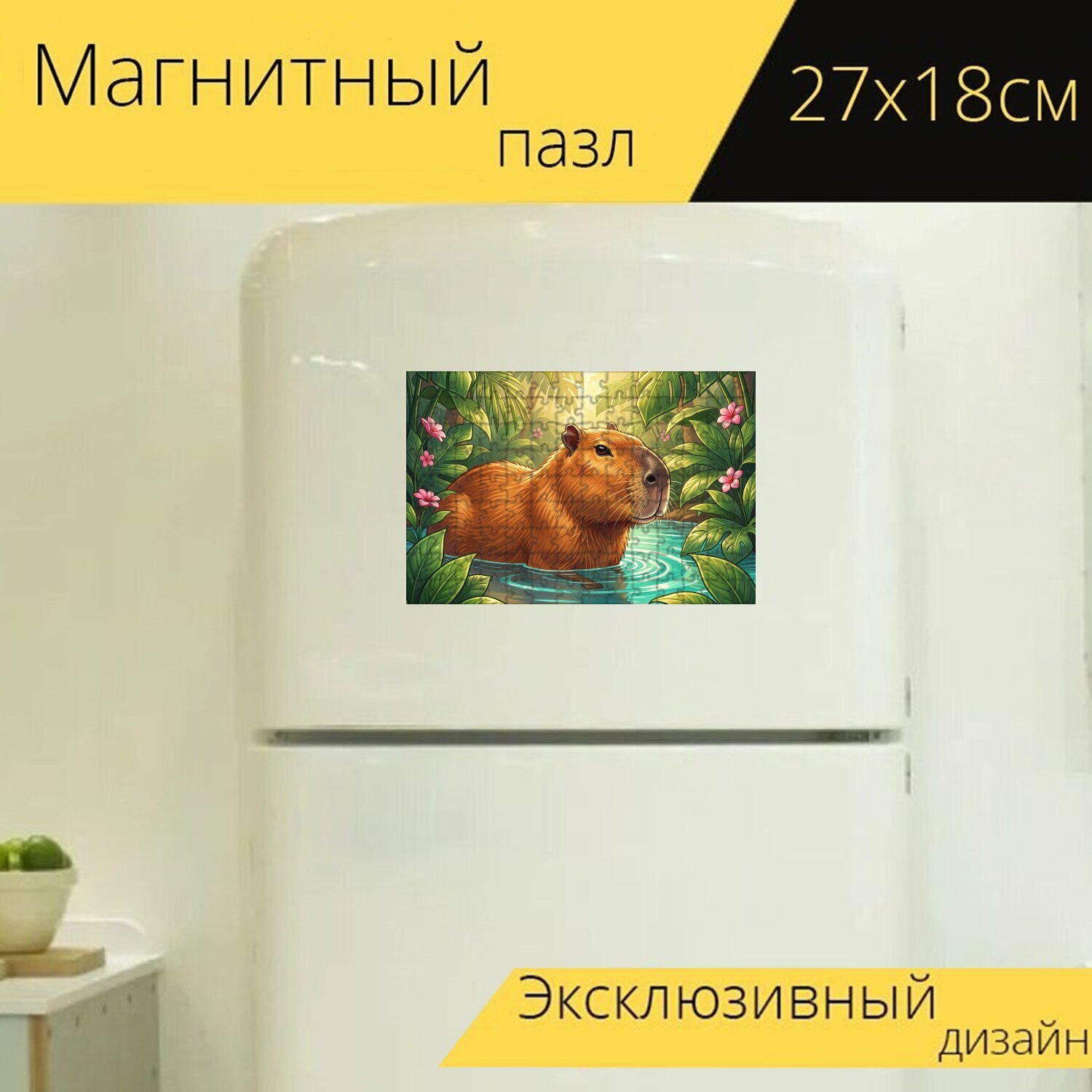 Магнитный пазл "Капибара в тропических джунглях. Иллюстрация с водосвинкой в бирюзовом ручье среди пышной экзотической листвы и розовых цветов. Солнечный." на холодильник 27 x 18 см.