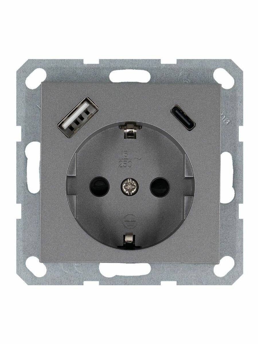Розетка Shuko 16А с заземл. защ. шторки с 2-мя заряд. устройствами USB тип A+C 25Вт механизм алюм. Jasmart G5501USB-25S