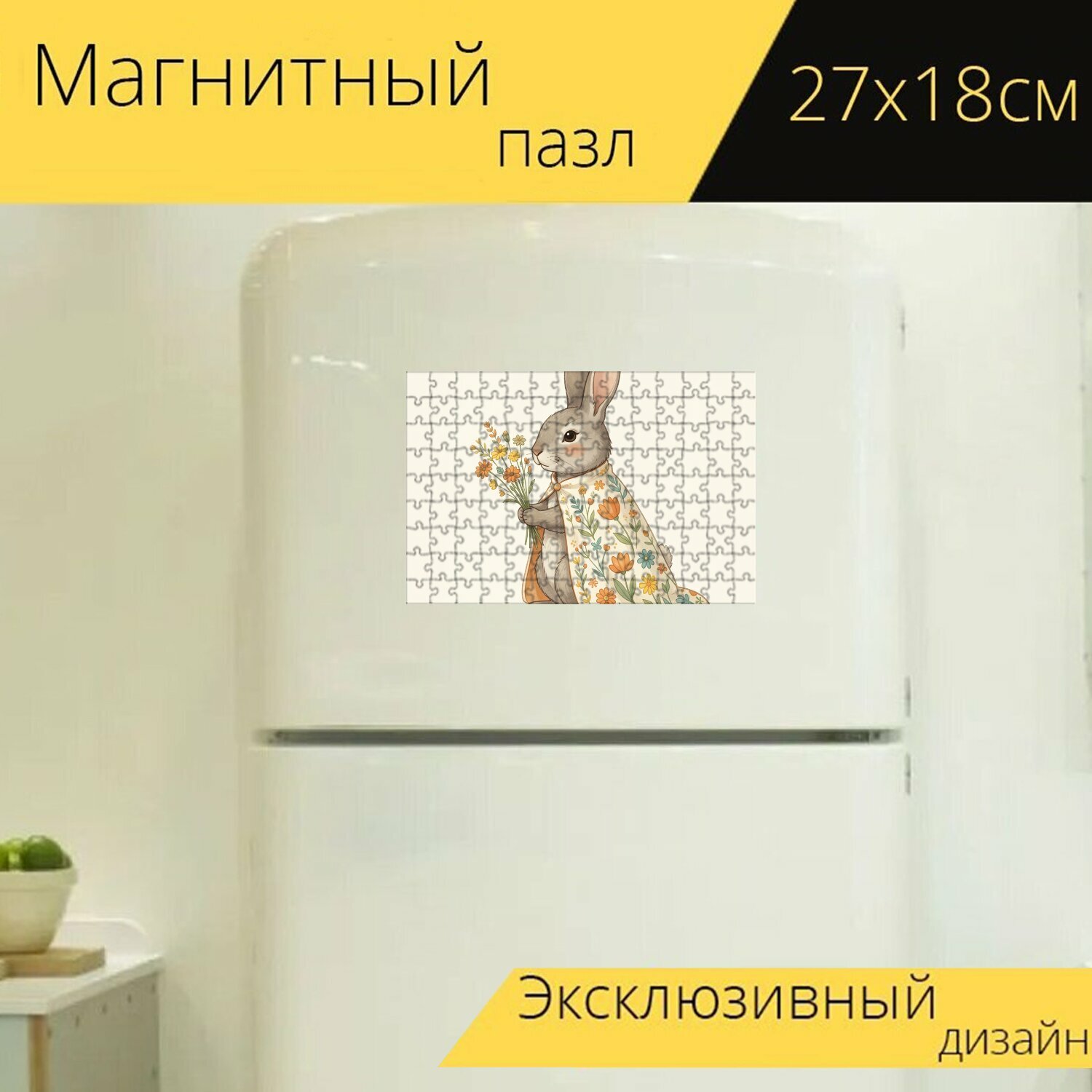 Магнитный пазл "Зайчик с букетом цветов. Милая акварельная иллюстрация кролика в цветочной накидке с полевыми растениями в лапках. Нежные бежевые." на холодильник 27 x 18 см.