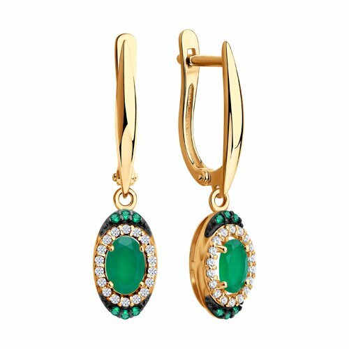Серьги серебро, 925 проба, золочение, фианит, агат, длина 3.2 см, , зеленый — фото 1