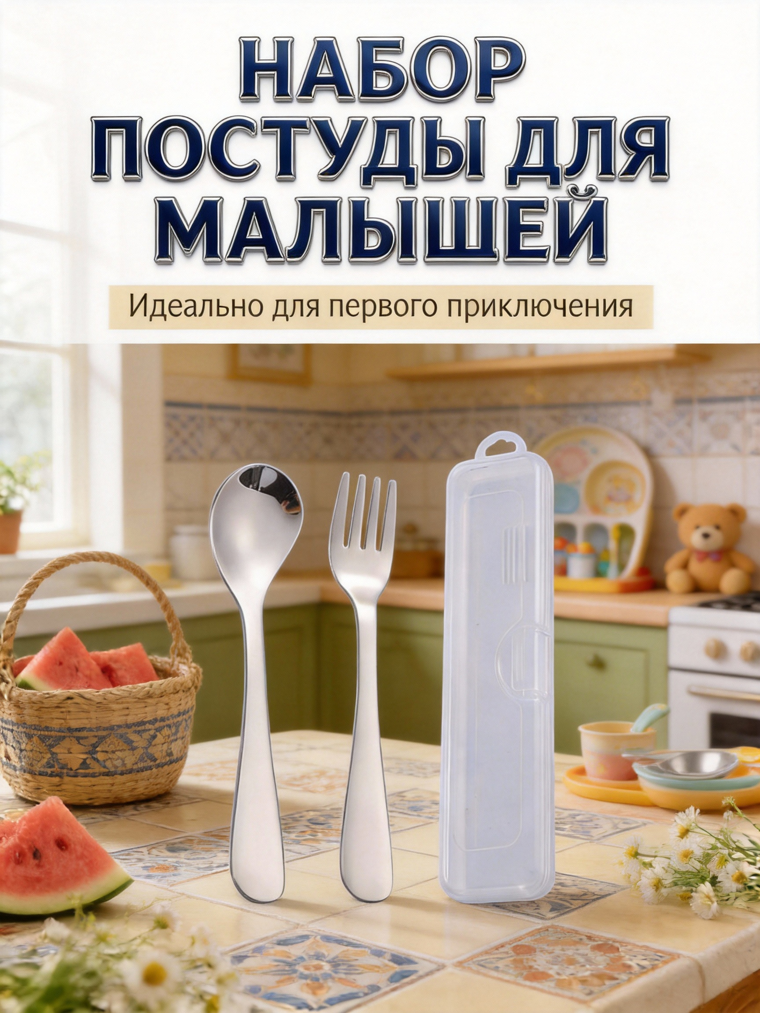 Набор ложки и вилки для детского питания, с футляром для переноски, из нержавеющей стали и ПП, моется в посудомойке