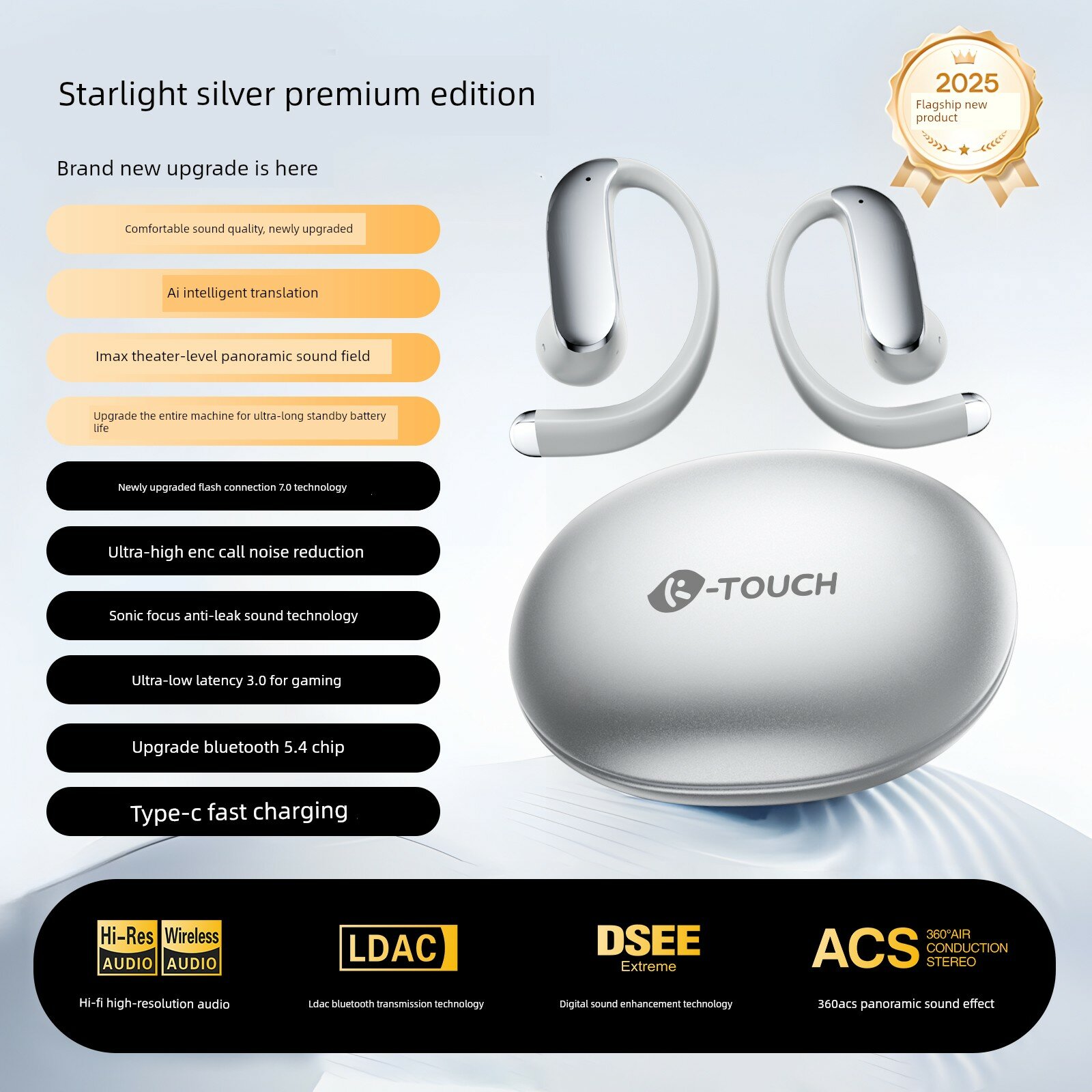 Наушники Bluetooth Tianyu, с заушным креплением, беспроводные, не внутриканальные, с функцией перевода, воздушная