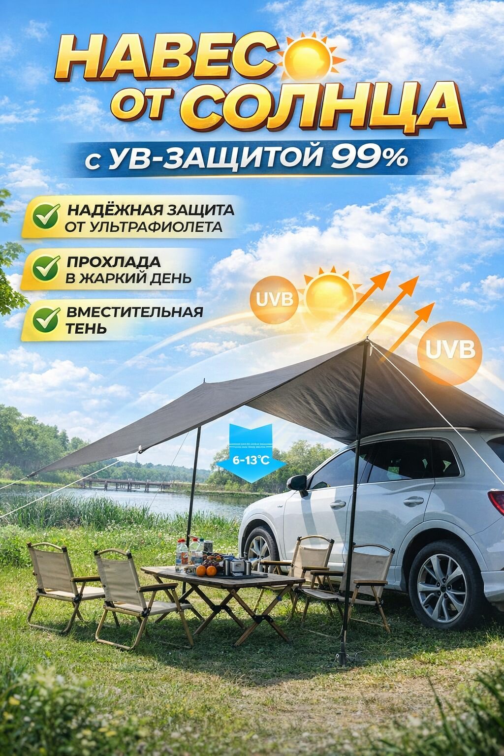 Боковой тент для автомобиля 2 2,5 м, водонепроницаемый кемпинговый навес с защитой от солнца, для отдыха и автопутешествий