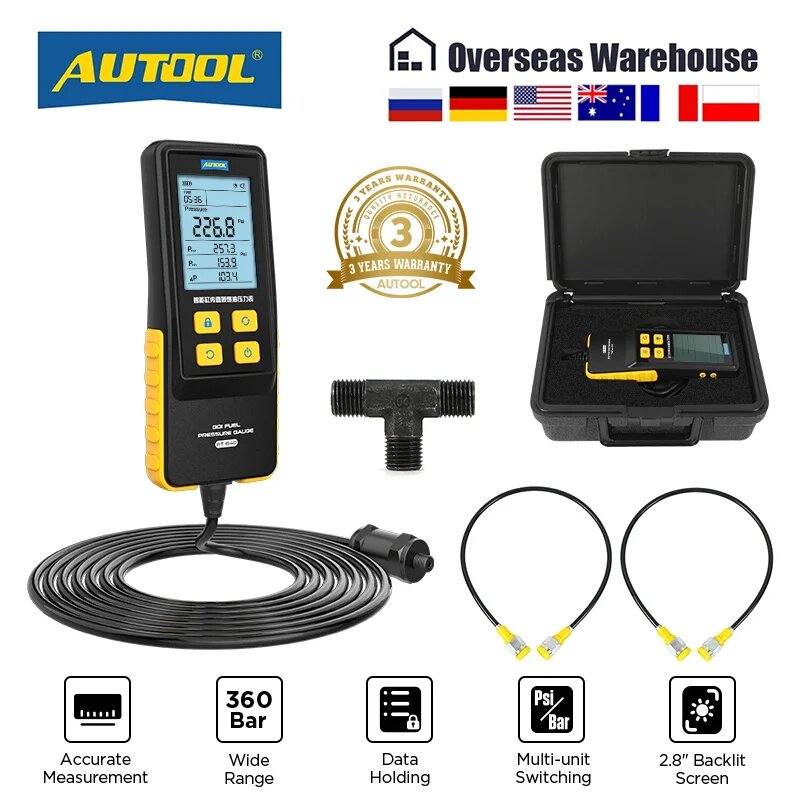 AUTOOL PT640 GDI манометр топлива 0 ~ 360 бар цифровой дисплей автомобильный цилиндр прямой впрыск манометр топлива автомобильный инструмент