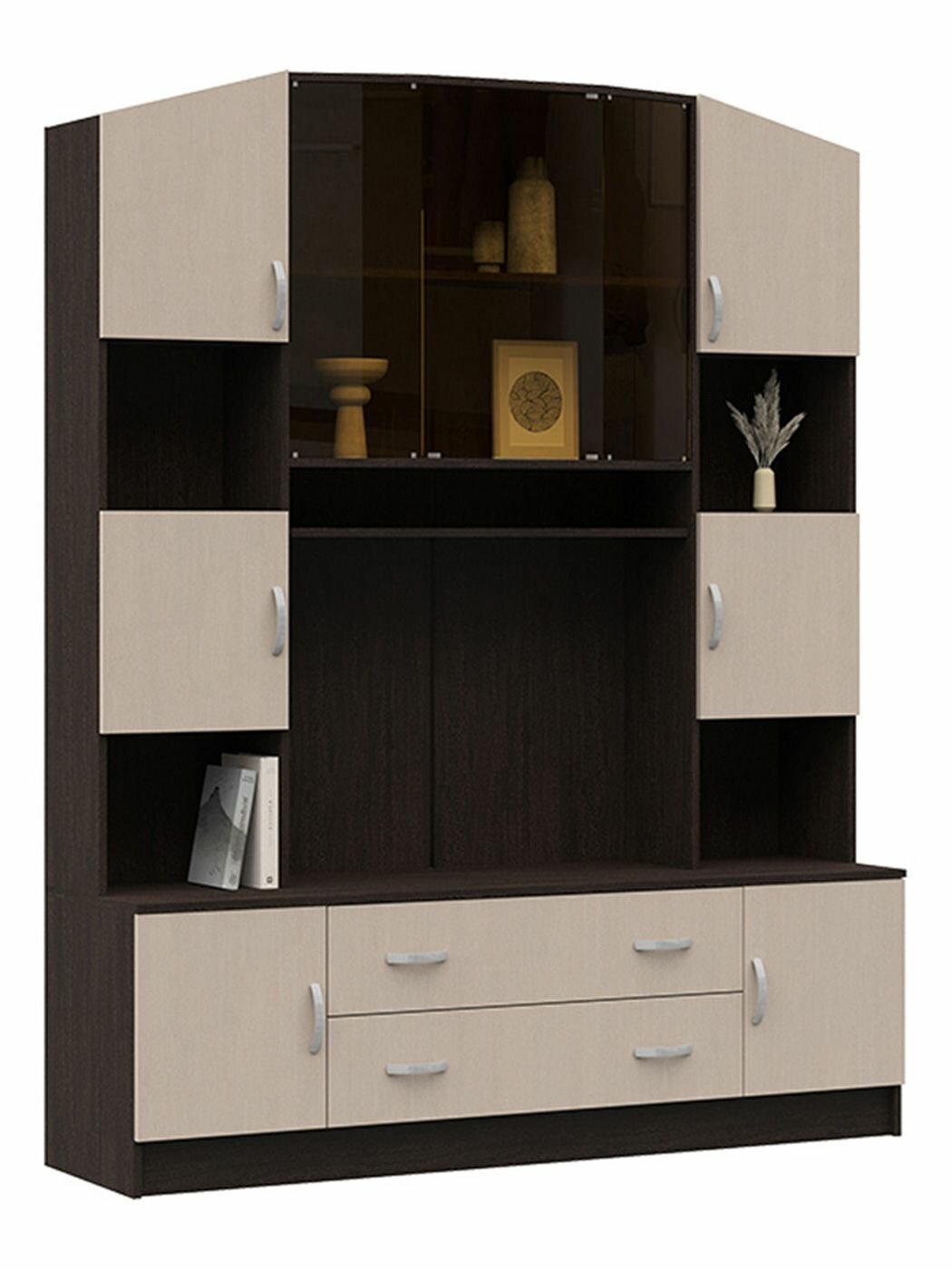 Гостиная комплект Макарена Мини с полками, с ящиками, 160х44.2х200.4 см, Венге / Дуб Белфорт / Тонированное стекло