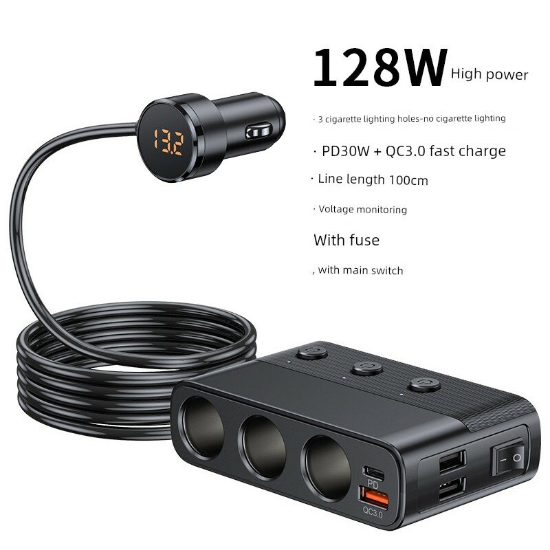 128Вт 3-портовый автомобильный зарядный адаптер с поддержкой PD30W и QC3.0 для 12/24В автомобилей