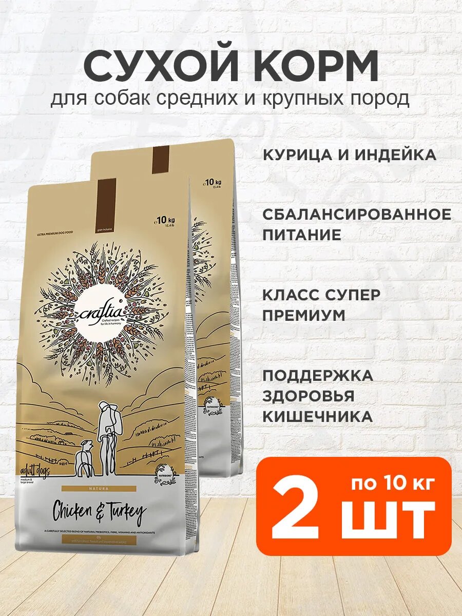 Корм сухой Craftia Natura Dog Medium & Large Breed для собак средних и крупных пород, курица и индейка, 10 кг х 2 шт