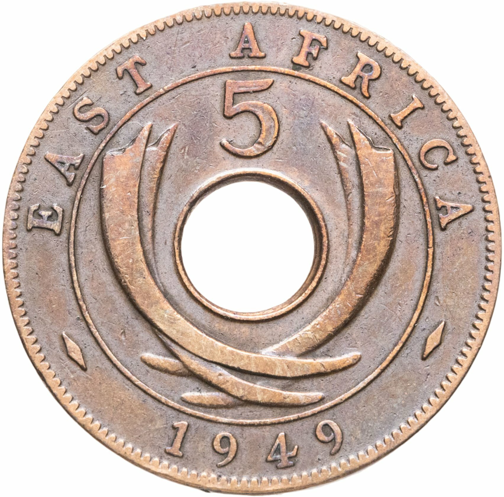 Британская Восточная Африка 5 центов cents 1949, Бронза, в сохранности VF