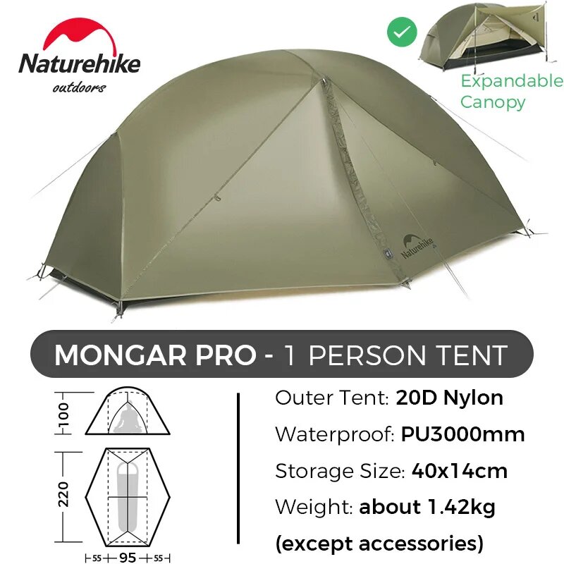 Палатка Naturehike Mongar для 2 человек ультралегкая палатка для кемпинга, двойного слоя, водонепроницаемая, для 3 сезонов, портативная -1P-20D PRO-Зеленая