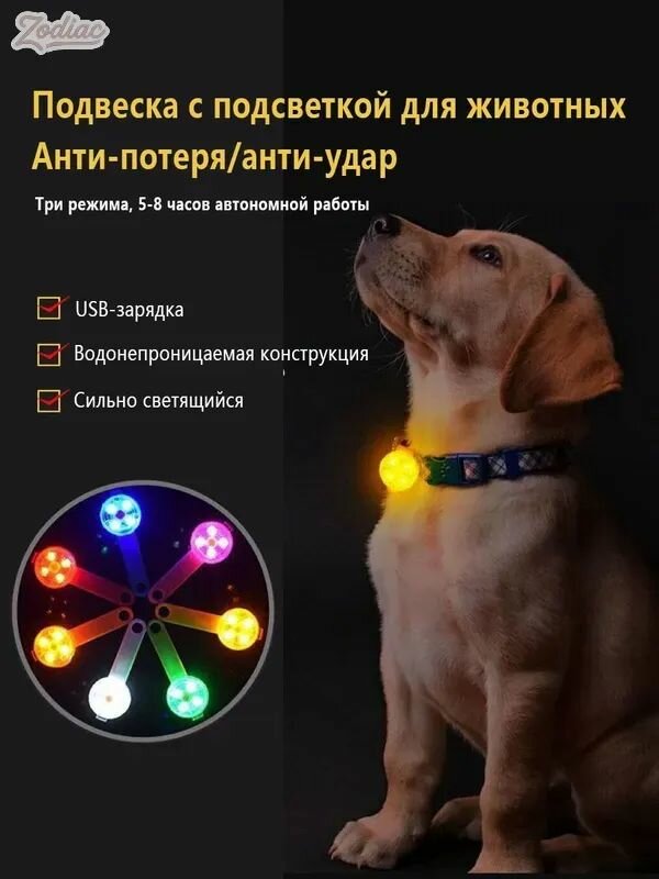 Светящийся брелок на ошейник для собак, светодиодный LED фонарик micro USB / Блинкер