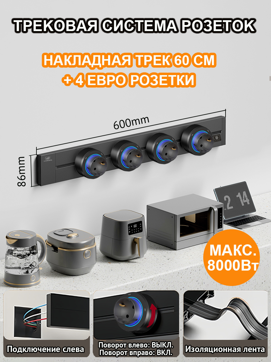 Модель А: 60 сантиметровая высокомощная (8000 Вт) трековая розеточная система + 4 евророзетки, черная