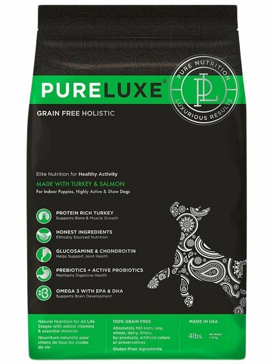 Сухой беззерновой корм PureLuxe Пурлюкс для активных собак с индейкой и лососем 1,81 кг