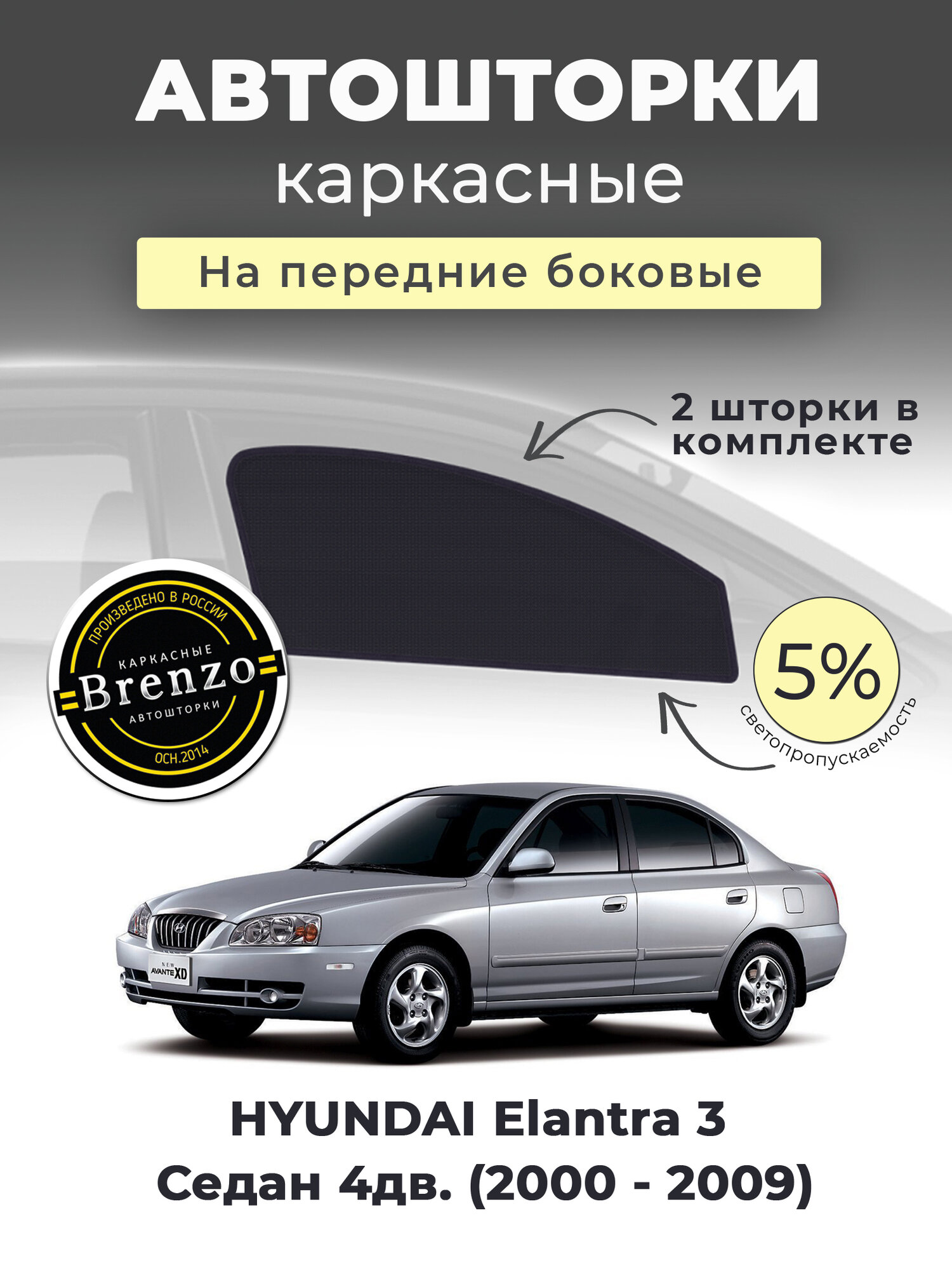Каркасные шторки HYUNDAI Elantra 3 Седан 4дв. (2000 - 2009) на передние двери 5%, сетки от солнца в машину