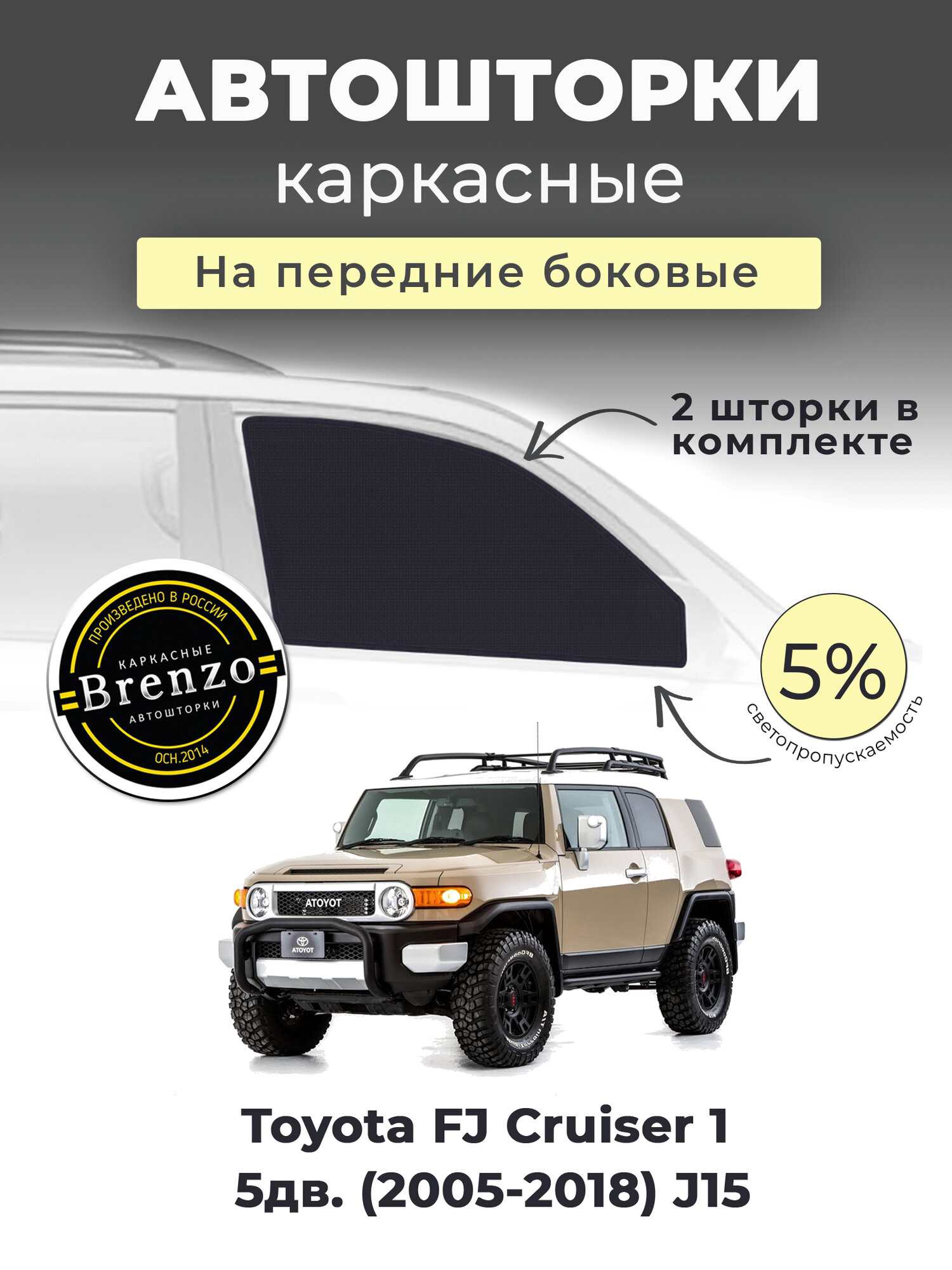 Каркасные шторки Toyota FJ Cruiser 1 5дв. (2005-2018) J15 на передние двери 5%, сетки от солнца в машину