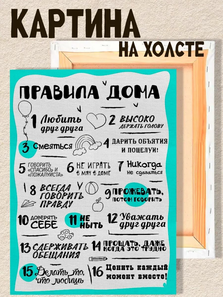 Картина на стену Правила дома, на подрамнике, 1шт, 55х38 размер.